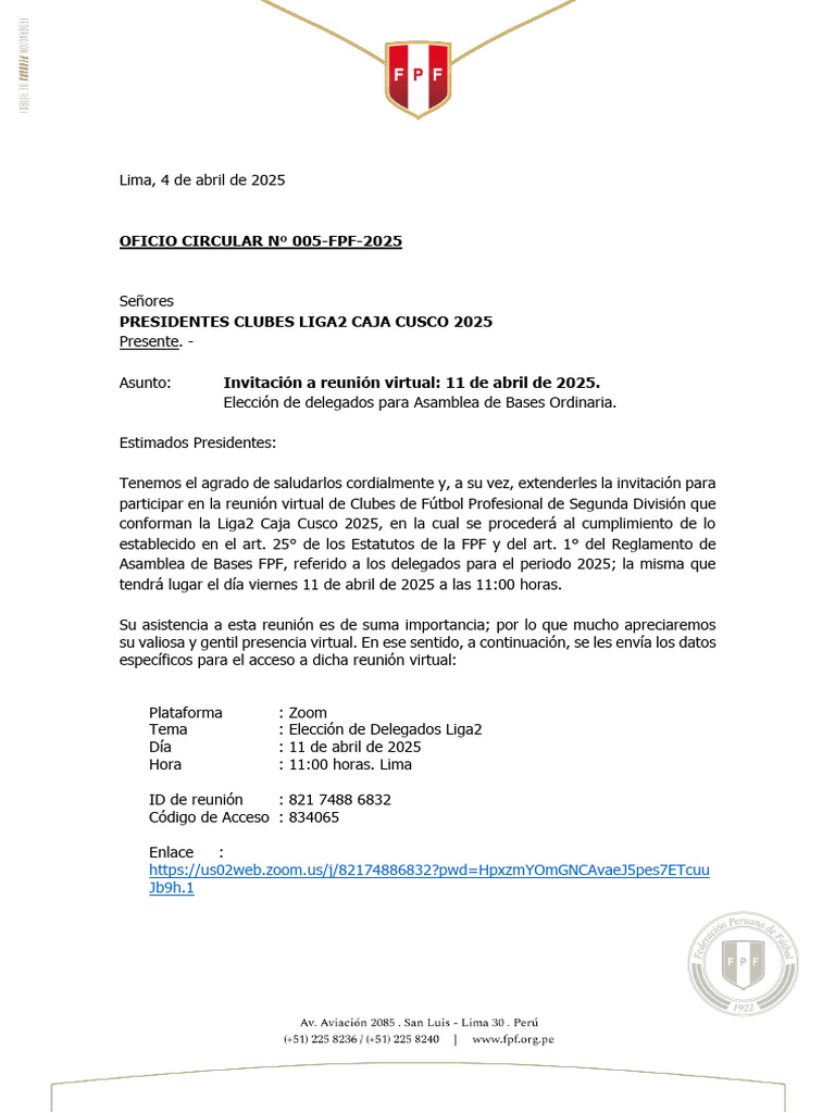 2025 Oficio Circular 005-fpf-2025 - Invitación A Reunión Virtual Liga2 - Eleccion de Delegados ...