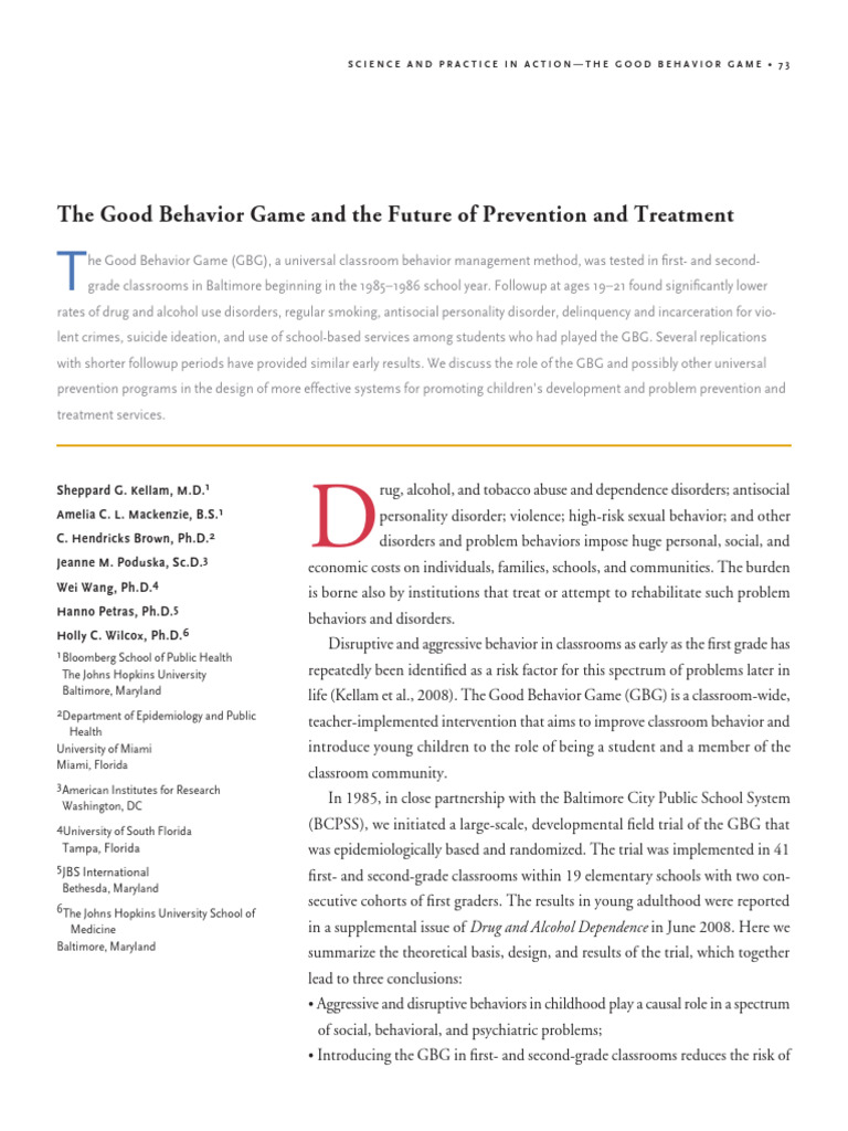 Good Behavior Game Article | PDF | Antisocial Personality Disorder ...