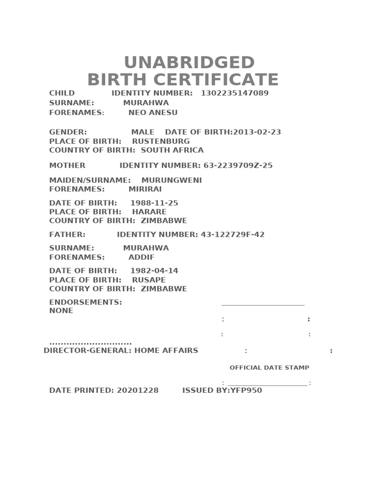 NEW BIRTH CERTIFICATE 2014 UNABRIDGED - Doc THABO T 12 | PDF