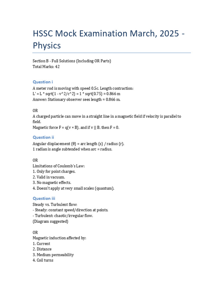 HSSC Physics SectionB Solutions | PDF | Magnetic Field | Force