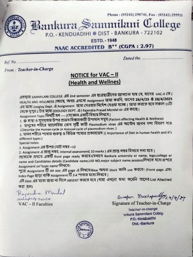 Health and Wellness Assignment Notice | PDF