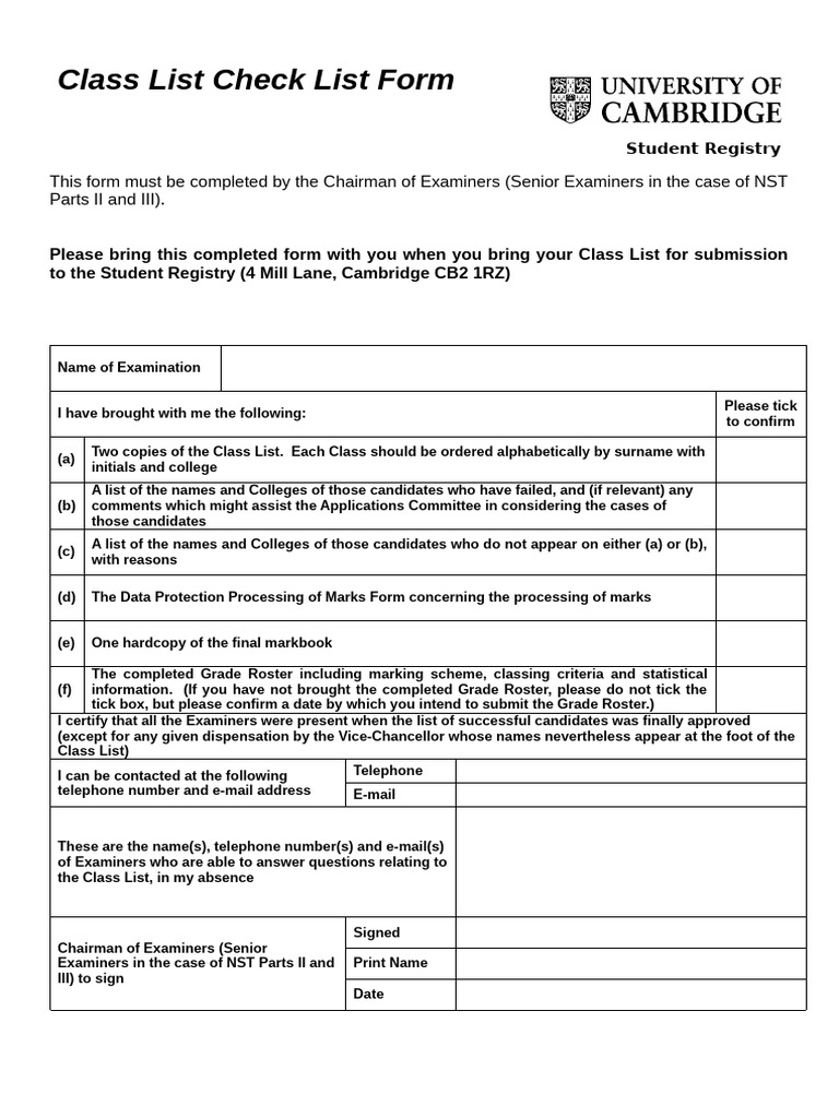 Class List Checklist Form Example | PDF