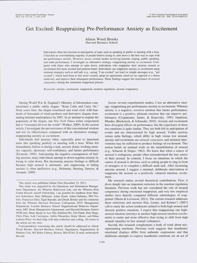 Get Excited - Reappraising Pre Performance Anxiety As Excitement | PDF ...