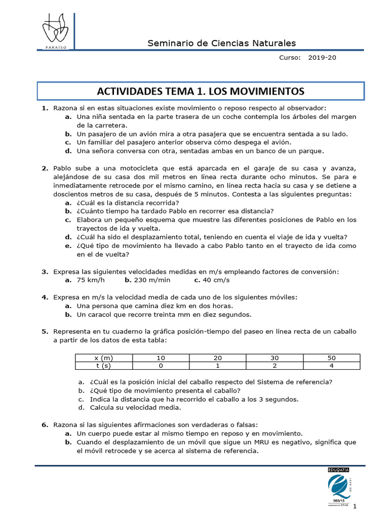 ACTIVIDADES TEMA 1. Los Movimientos | PDF | Velocidad | Aceleración