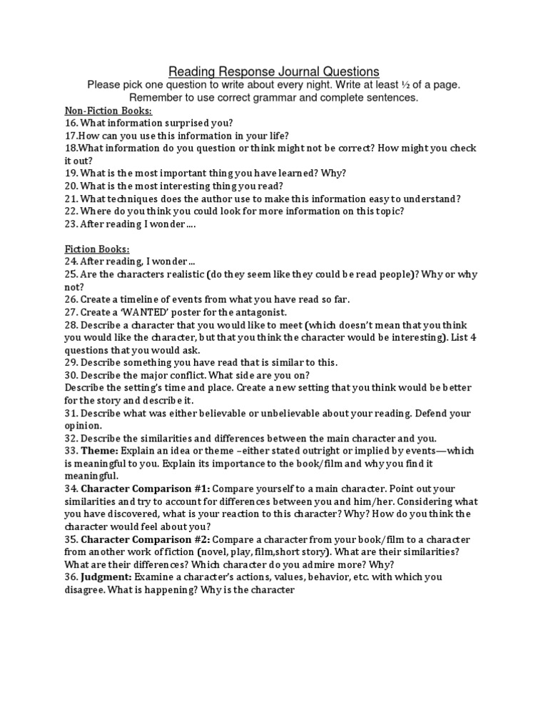 Reading Response Journal Prompts | PDF