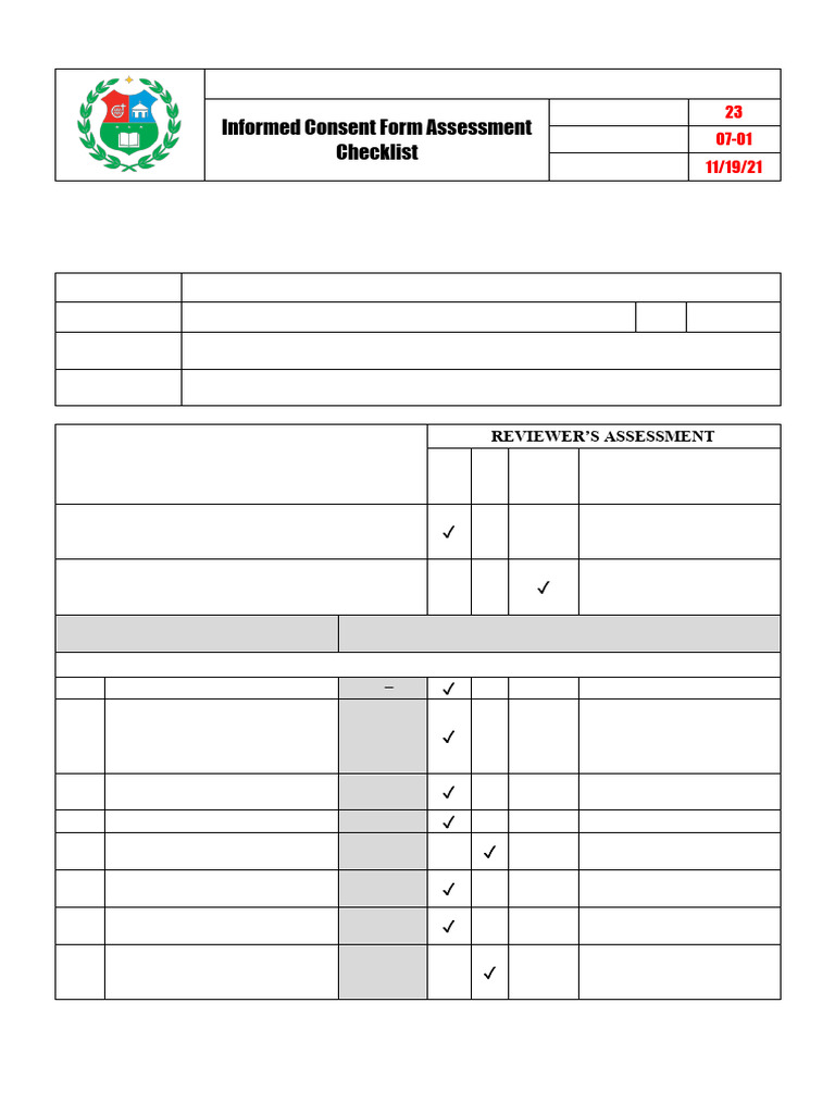 USC REC F-23 - Informed Consent Form Assessment Checklist | PDF | Informed Consent