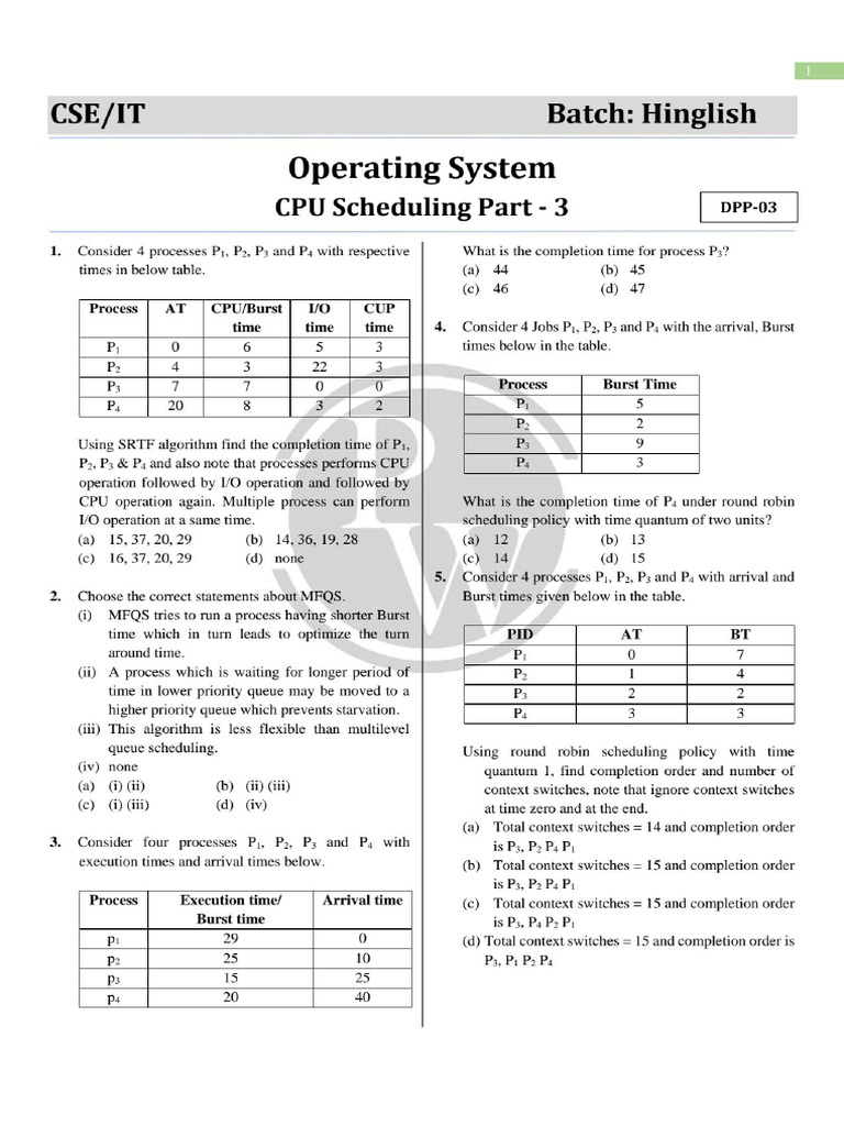 ## CPU Scheduling DPP 03 of Lec 05 Parakram GATE 2024 Computer Science | PDF