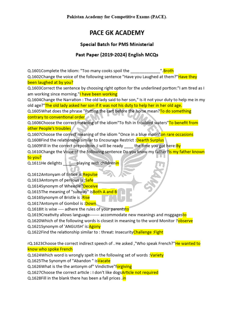 8300-8700 English Mcqs (Pace GK Academy) | PDF | Part Of Speech | Verb