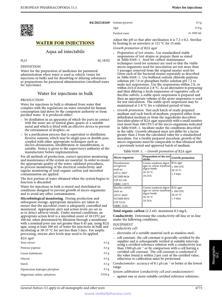 Water For Injections PH Eur. Monograph | PDF | Calibration | Ph