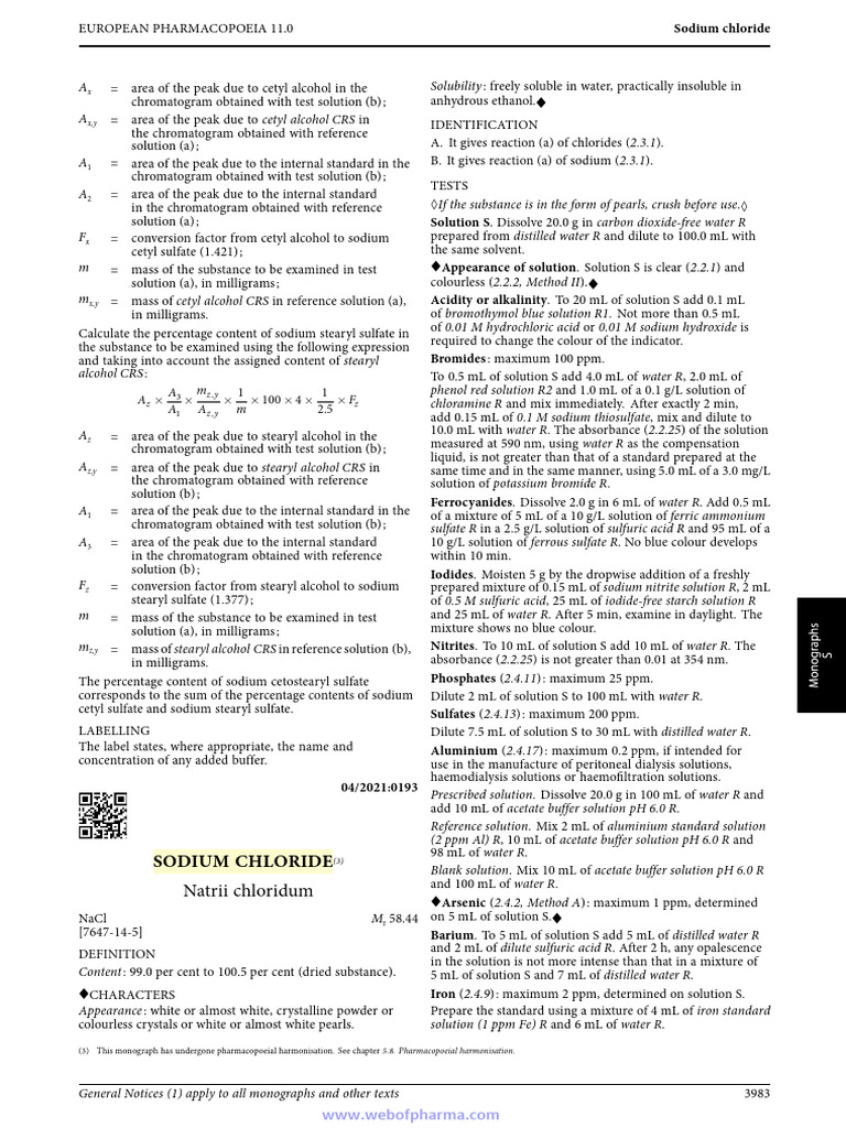 Sodium Chloride Ph. Eur. Monograph | PDF | Solubility | Ethanol