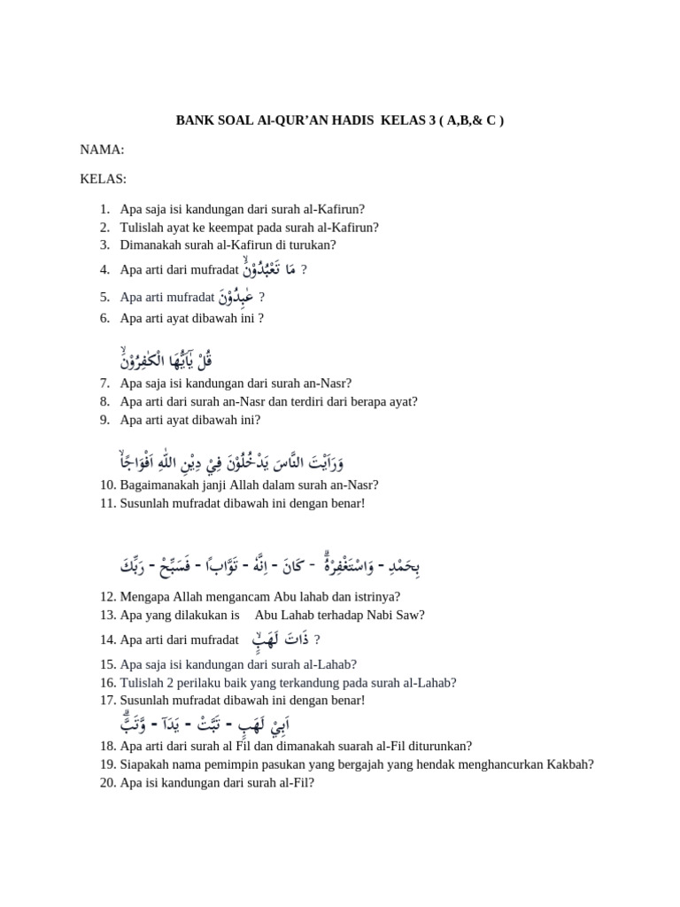 Bank Soal QHS Kelas 3 (Abc) | PDF