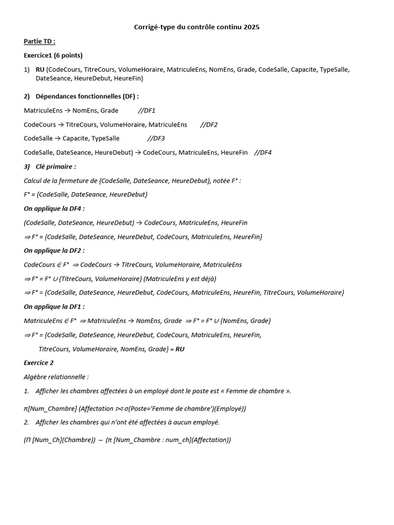 Corrigé Contrôle Continu BDD 2025 | PDF | Bases de données | Gestion ...