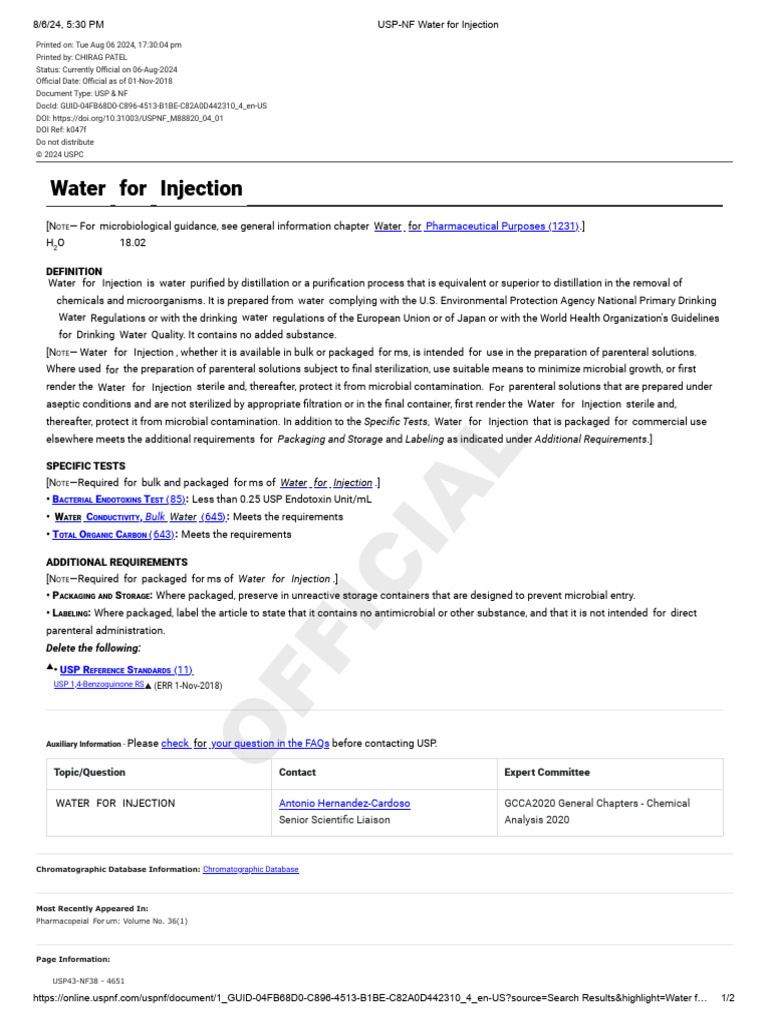 USP-NF Water For Injection | PDF | Water | Drinking Water