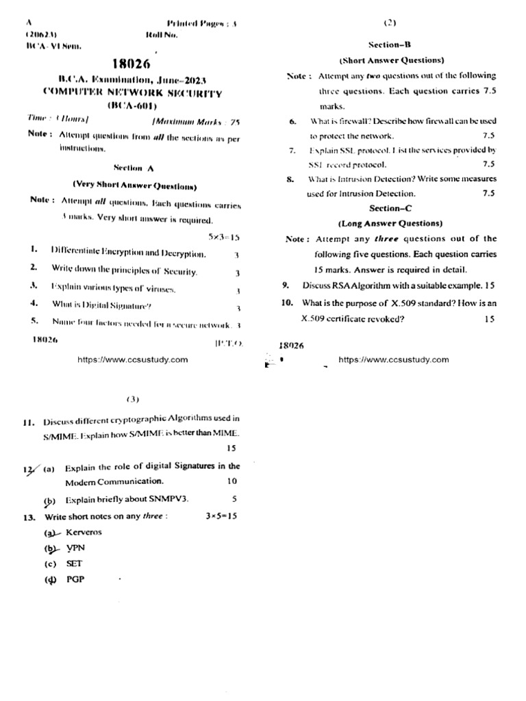 Bca 6 Sem Computer Network Security 18026 Jun 2023 | PDF