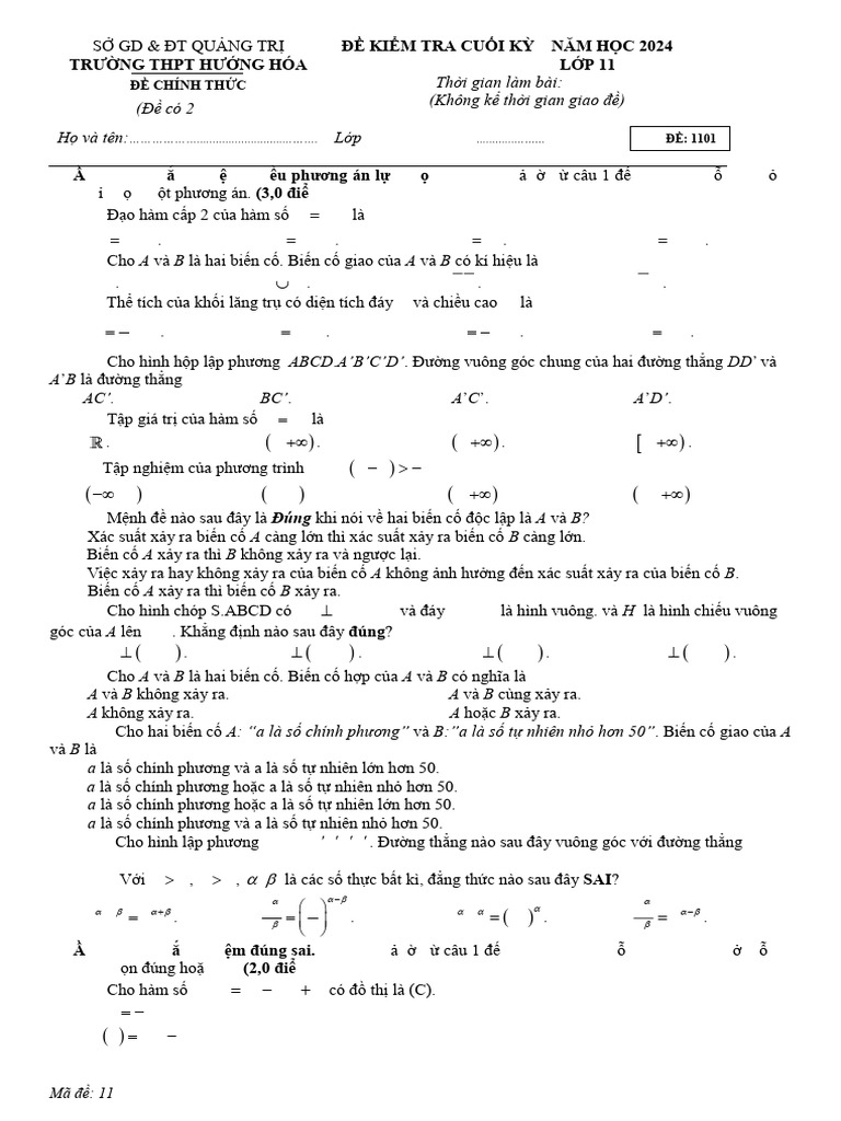 De Cuoi Ky 2 Toan 11 Nam 2024 2025 Truong THPT Huong Hoa Quang Tri | PDF