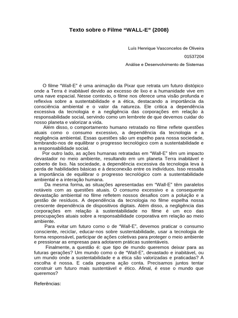 07 - Texto Sobre o Filme Wall-E | PDF | Sustentabilidade | Desperdício