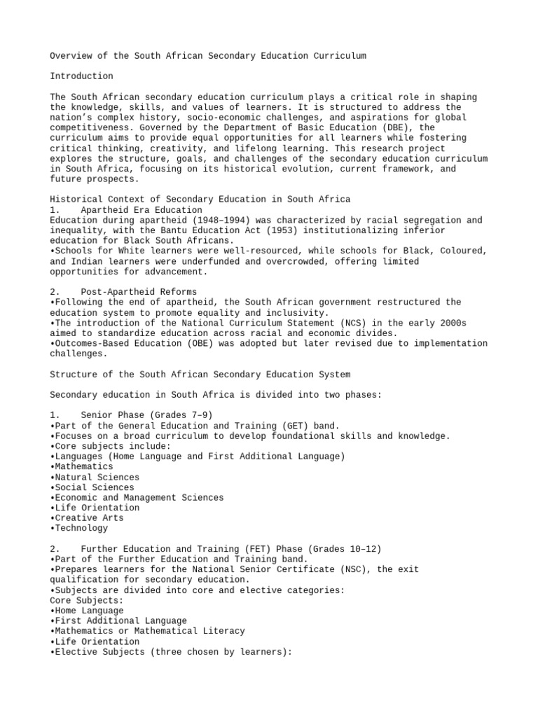 South African Secondary Education Overview | PDF | Curriculum ...