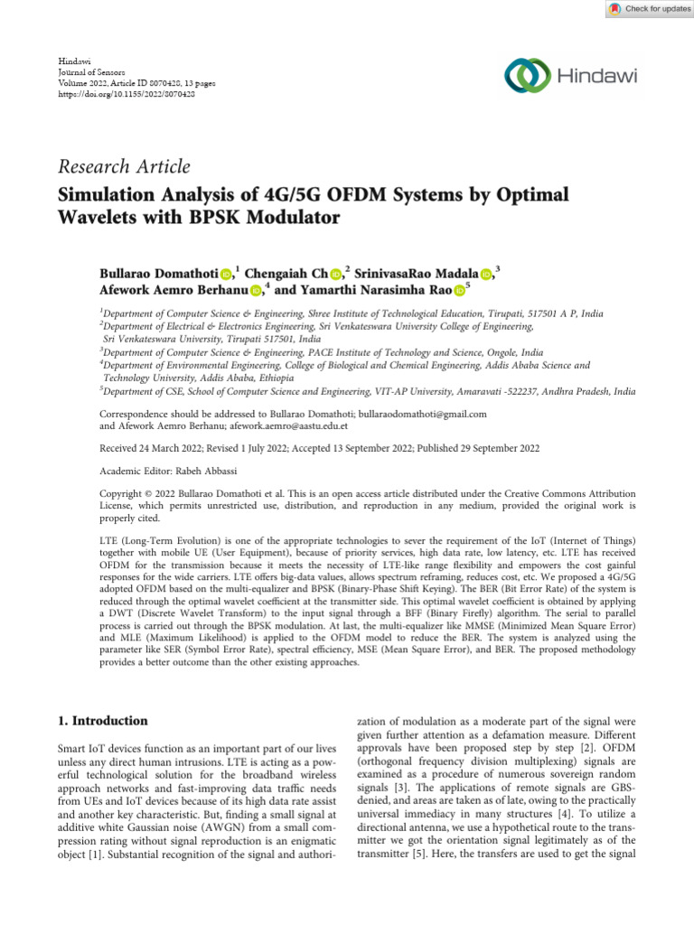 Journal of Sensors - 2022 - Domathoti - Simulation Analysis of 4G 5G OFDM Systems by Optimal ...