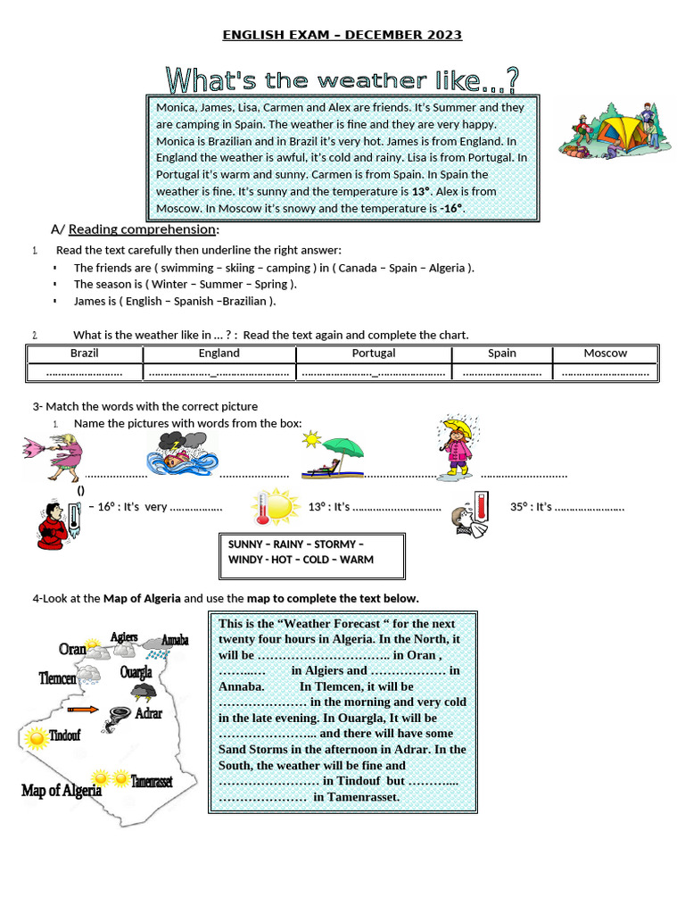 Whats The Weather Like Reading Comprehension Exercises Tests - 79628 ...