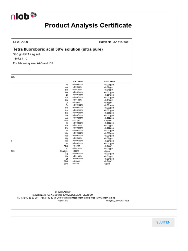 Chem-Lab NV Certificate of Analysis | PDF | Chemical Compounds
