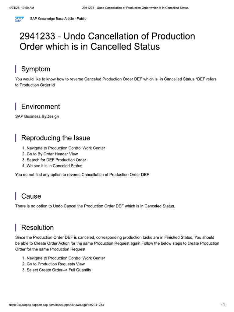 Undo Cancellation of Production Order Which Is in Cancelled Status | PDF