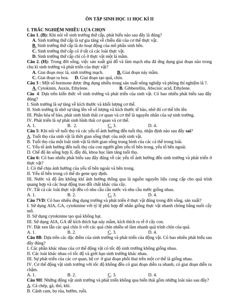 ôn tập sinh 11 HKII (2024-2025) | PDF