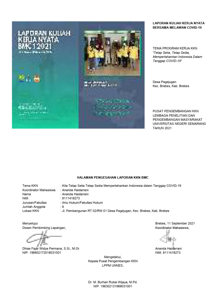 Laporan KKN Bmc-1 Unnes 2021 Desa Pagejugan-Dikompresi | PDF