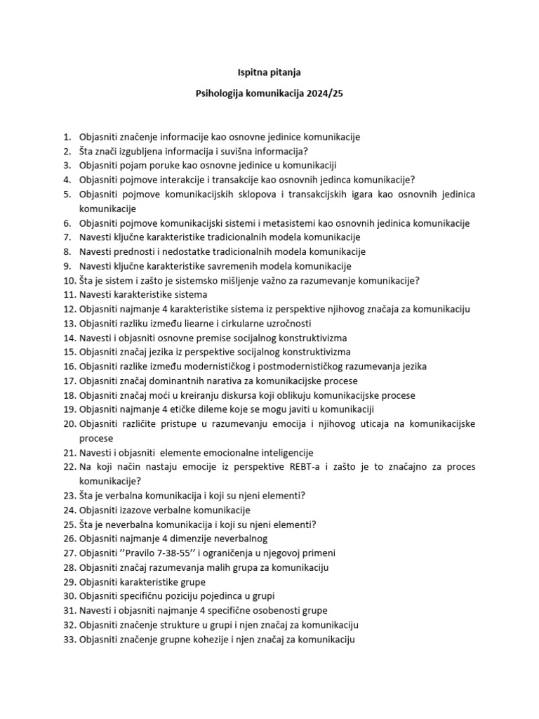 Ispitna Pitanja Psihologija Komunikacija | PDF