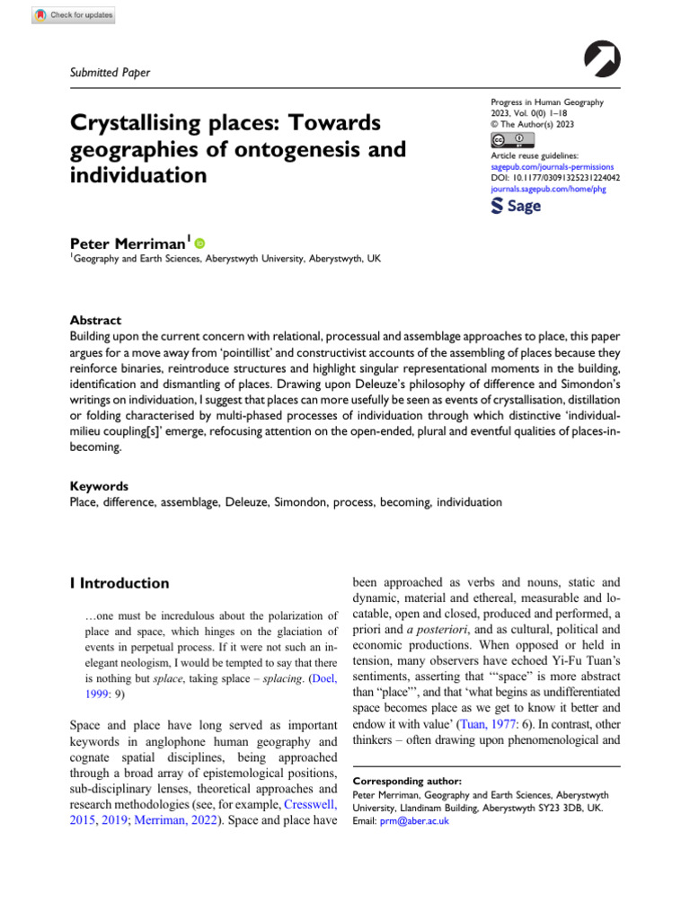 Merriman 2023 Crystallising Places Towards Geographies of Ontogenesis ...