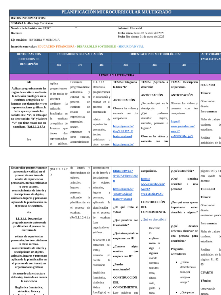 Planificación Microcurricular Multigrado 28 Abril Al 2 de Mayo | PDF ...