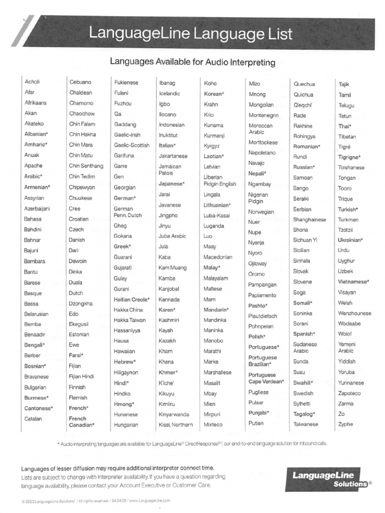 Language Line Language List | PDF