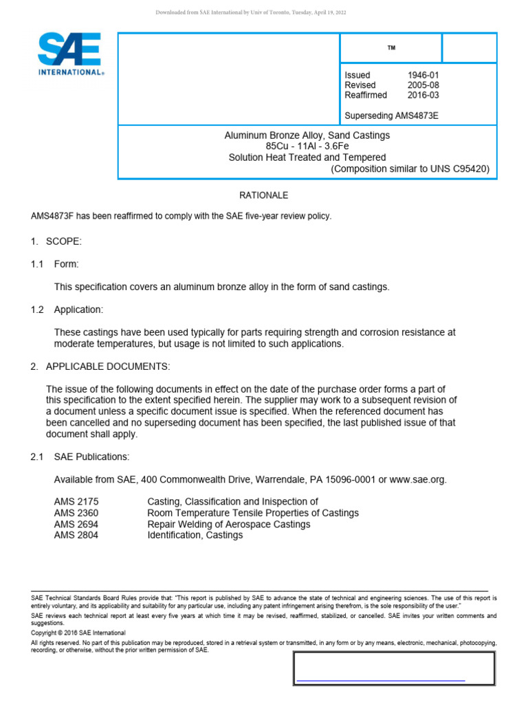 Sae Ams 4873F-2016 | PDF | Heat Treating | Materials