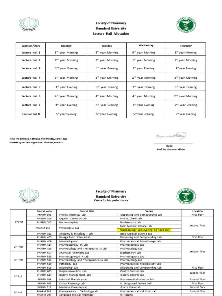 Modified Timetable Spring 2025 23-04-2025 | PDF | Pharmacy | Therapy