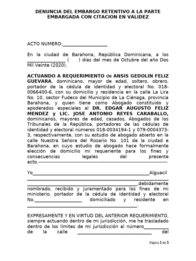 Denuncia Del Embargo Retentivo A La Parte Embargada Con Citacion en ...