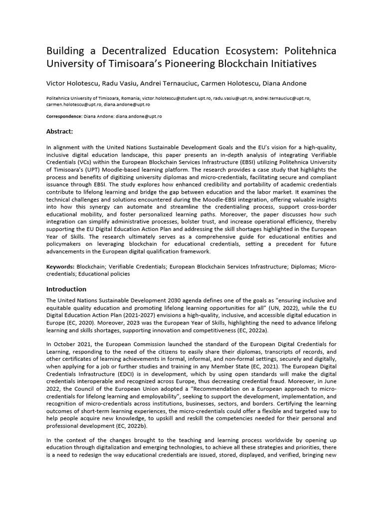 Building A Decentralized Education Ecosystem: Politehnica University of Timisoara's Pioneering ...