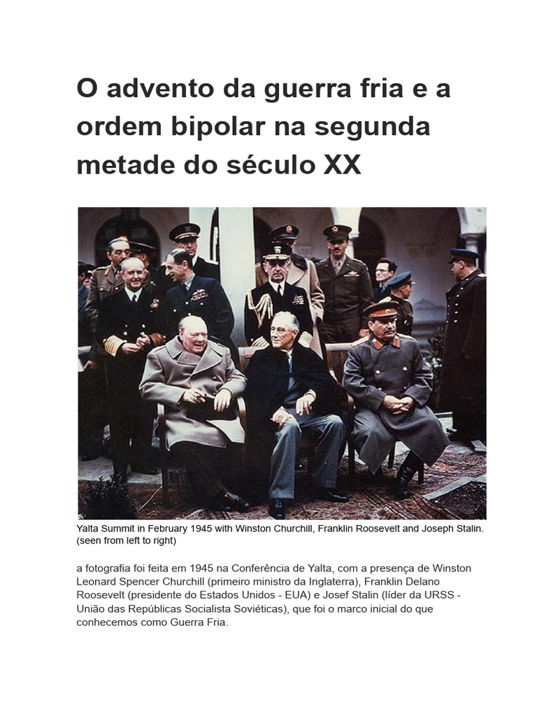 O Advento Da Guerra Fria e A Ordem Bipolar Na Segunda Metade Do Século ...