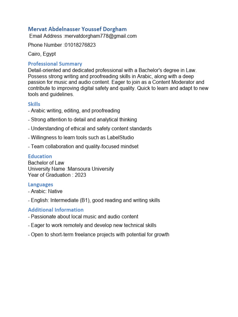Mervat Abdelnasser Youssef Dorgham: Professional Summary | PDF