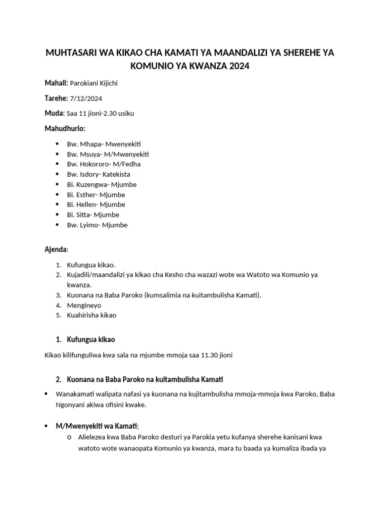 MUHTASARI WA KIKAO CHA KAMATI YA MAANDALIZI YA SHEREHE YA KOMUNIO YA ...