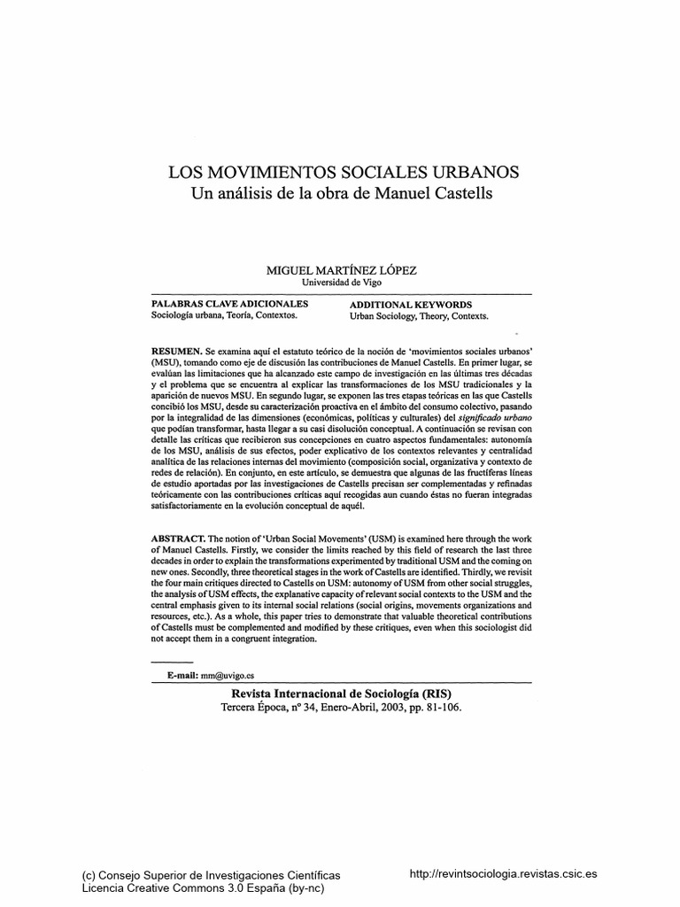 Los Movimientos Sociales Urbanos. Un Análisis de La Obra de Manuel Castells | PDF | Capitalismo ...