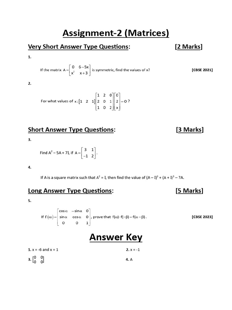 Class 12 - Matrices - Assignment 2 - With Ans | PDF