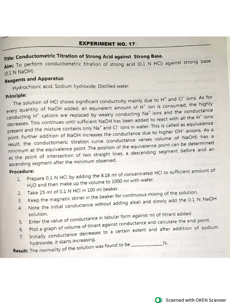 Conductometric Titration Expt 17 and 18 | PDF
