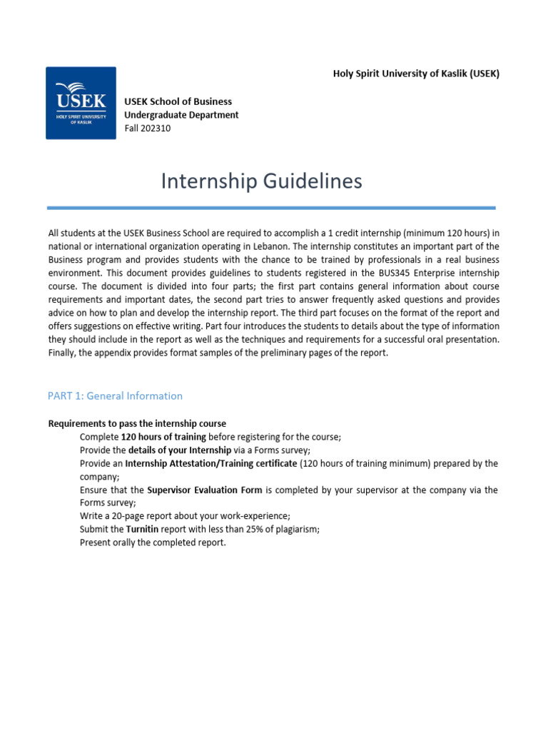 USEK Business Internship Guidelines | PDF | Internship | Job Hunting