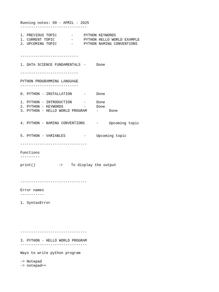 4 Data Science Python Hello Word Example Naming Conventions 09 04 2025 Pdf Python
