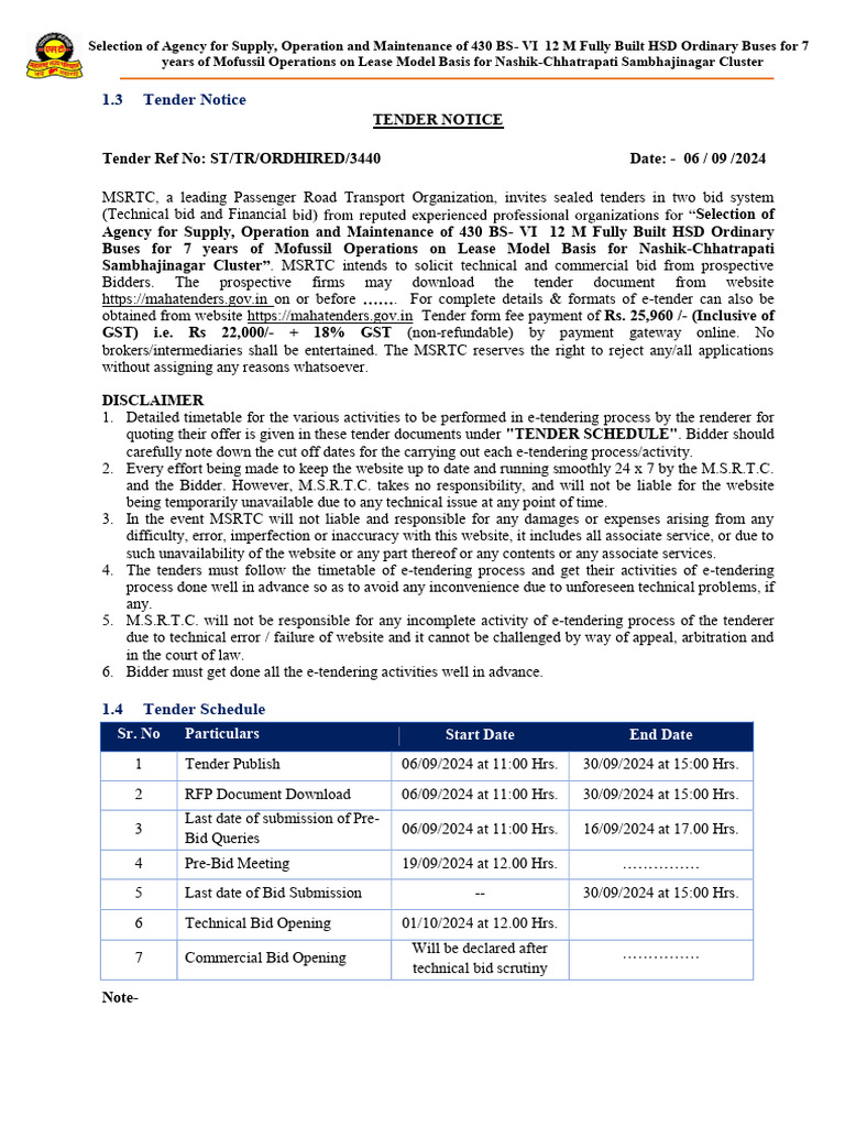 1.3 Tender Notice: Sr. No Particulars Start Date End Date | PDF | Request For Proposal