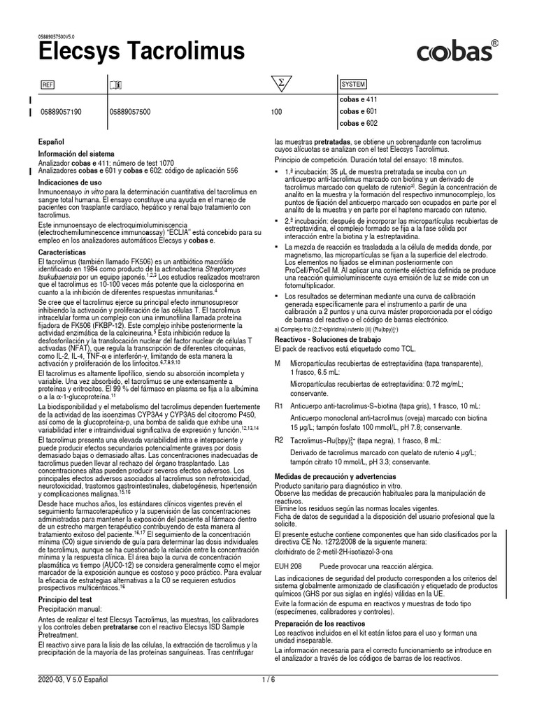 Elecsys Tacrolimus.05889057500.V5.es | PDF | Calibración | Efecto adverso