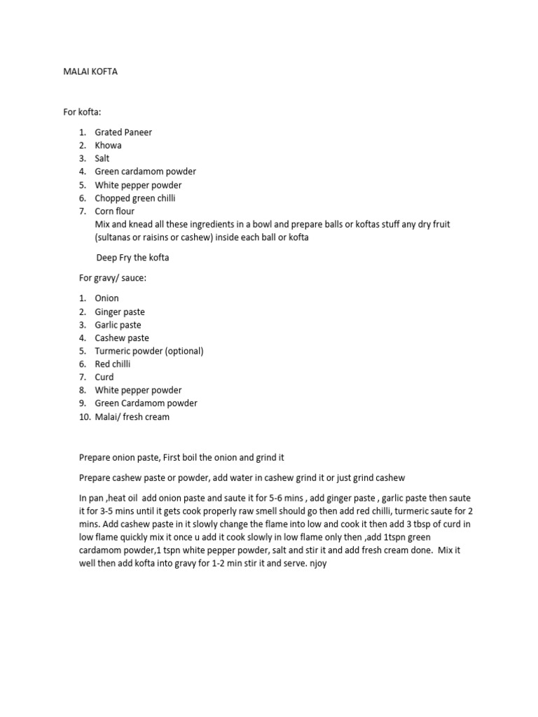 Malai Kofta Recipe with Gravy | PDF
