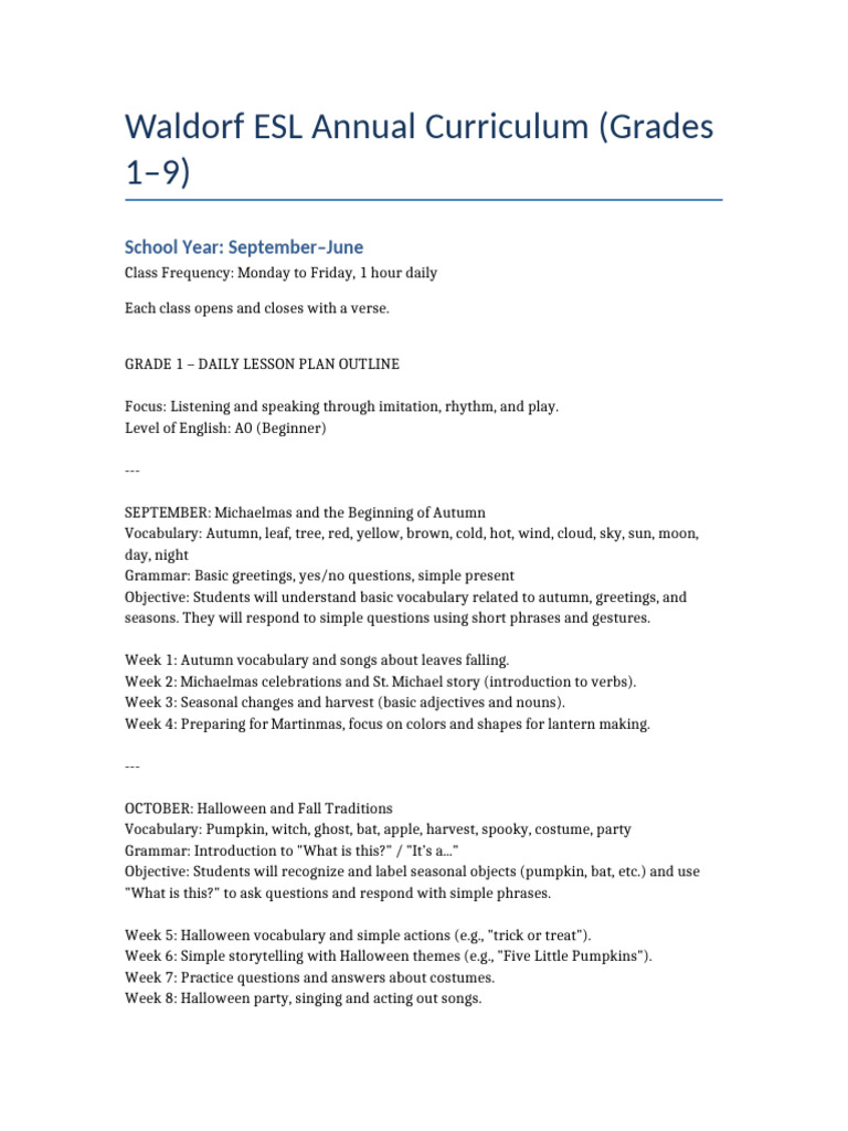 Waldorf ESL Curriculum: Fall Focus | PDF | Verb | Grammatical Tense