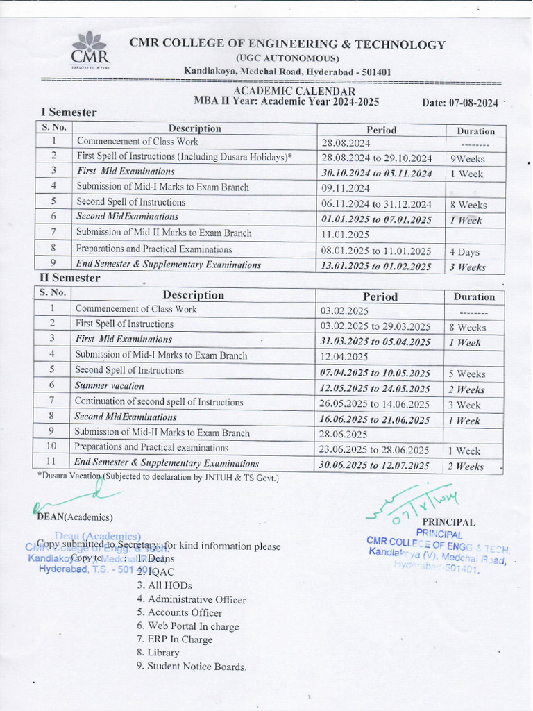 Revised MBA II Year Academic Calendar 2024 25 | PDF