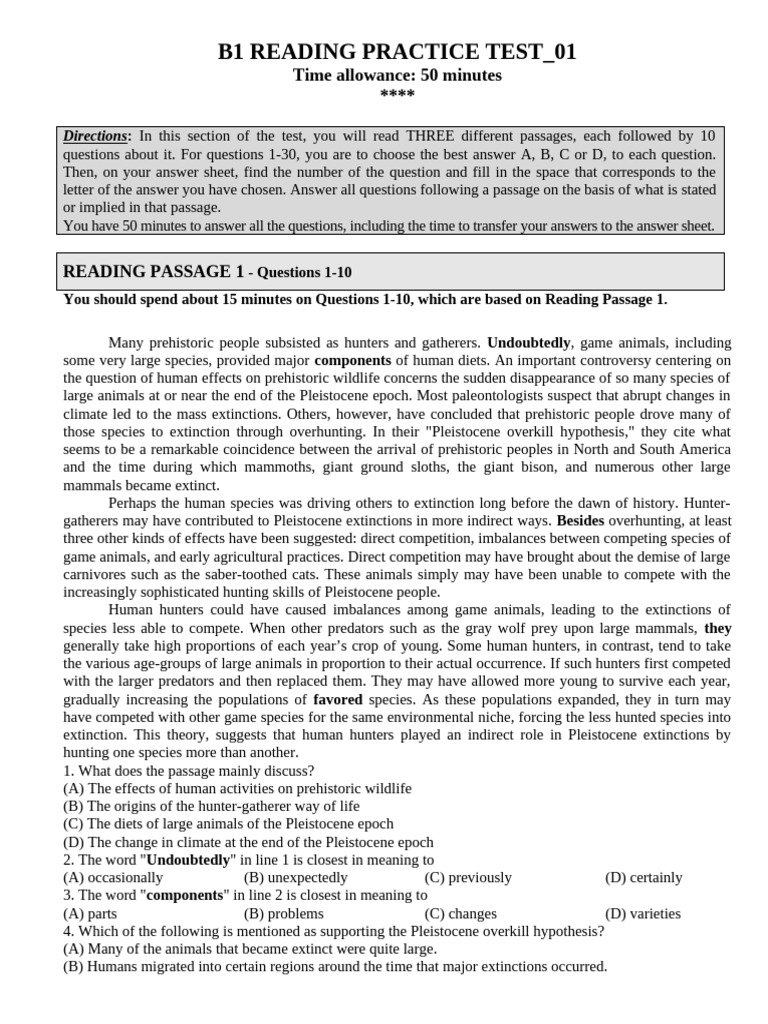 B1 READING PRACTICE TEST - 01 - Key | PDF | Hunting | Predation