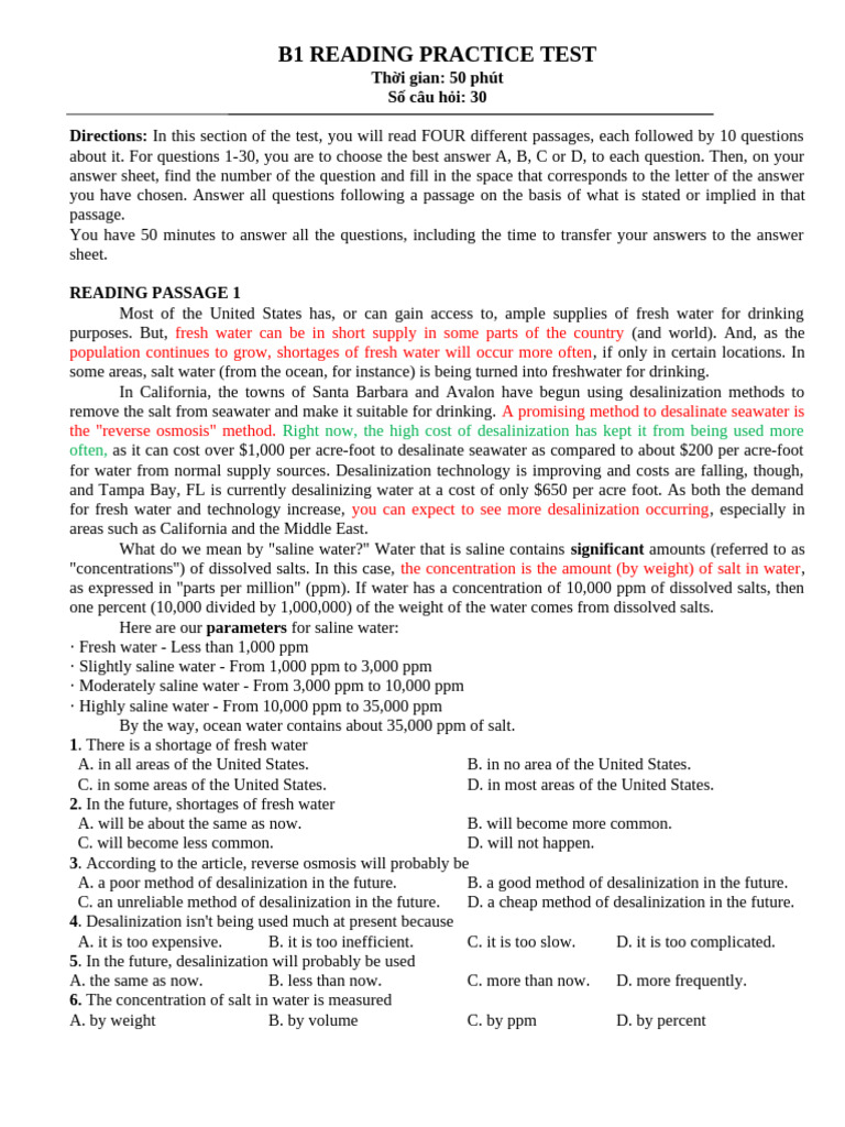 B1 Reading Practice Test - 02 | PDF | Grammar | Water